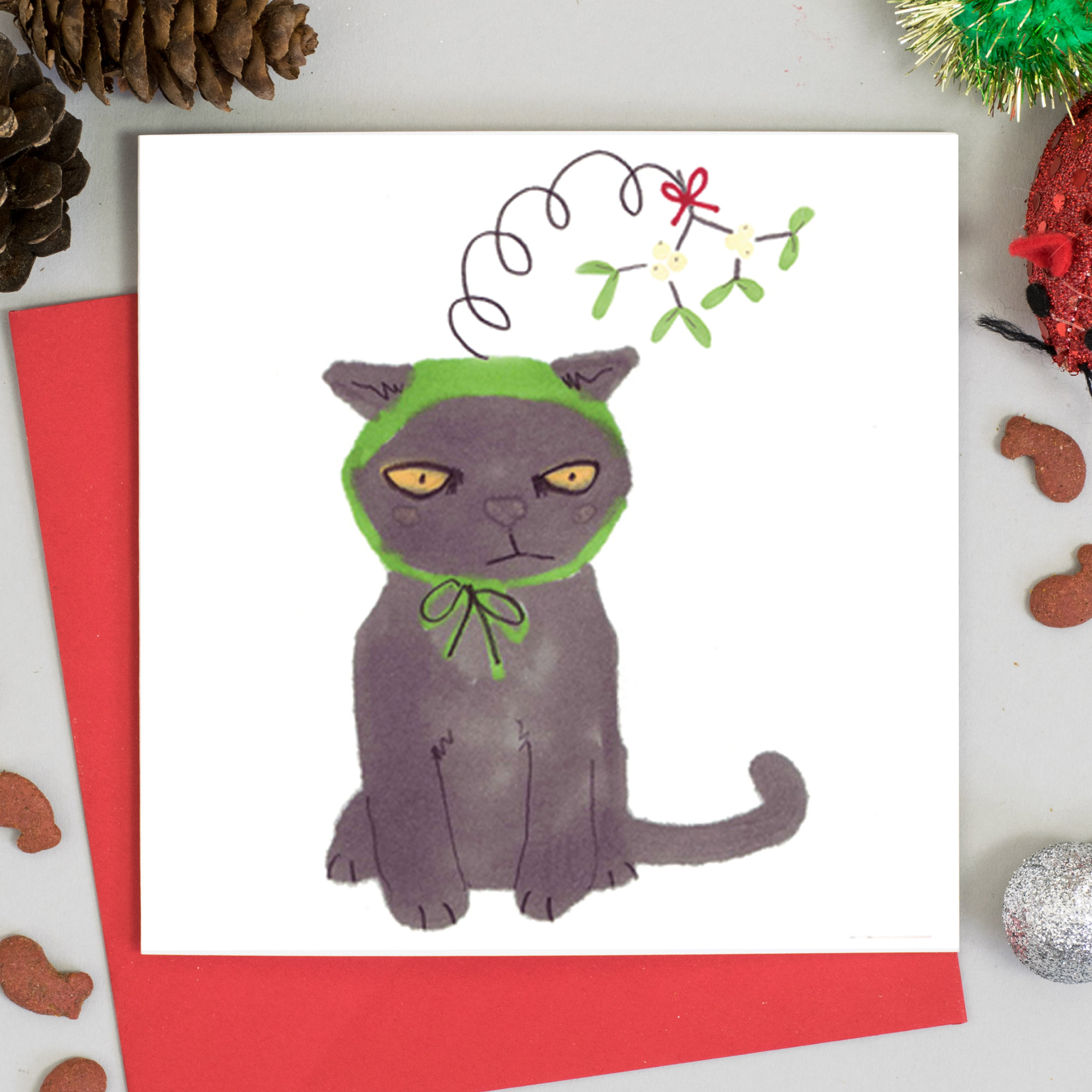 christmas cards black cat in a mistletoe hat kiss me quick