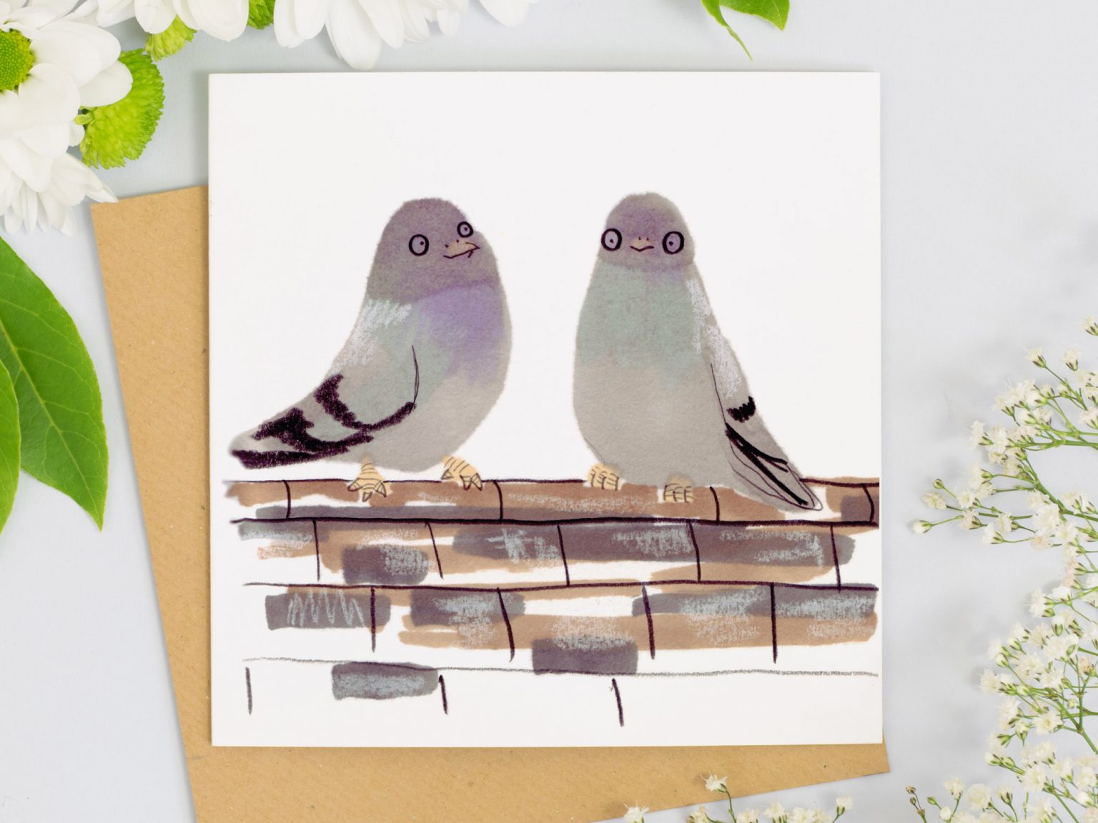 pigeons in love valentines day illustrated card left