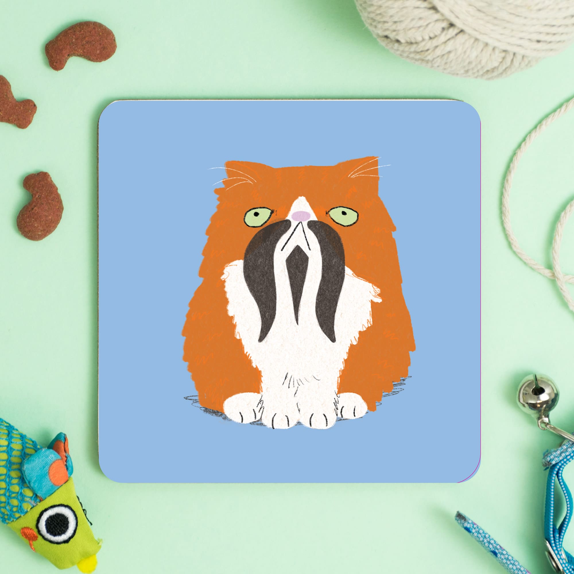 Meowstachio Cat Ginger & White - Black Tash Coaster - Jo Clark Design