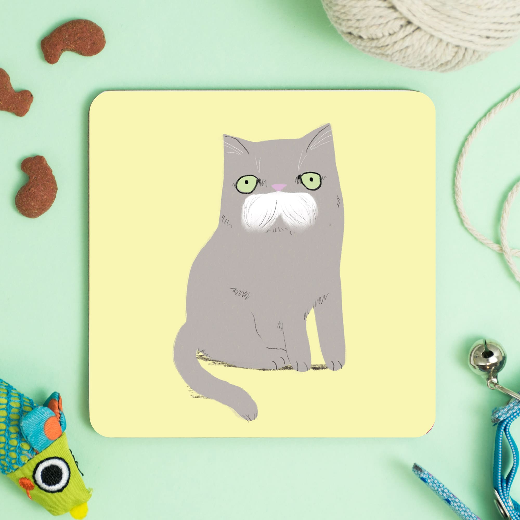 Meowstachio Cat Grey - White Tash Coaster - Jo Clark Design
