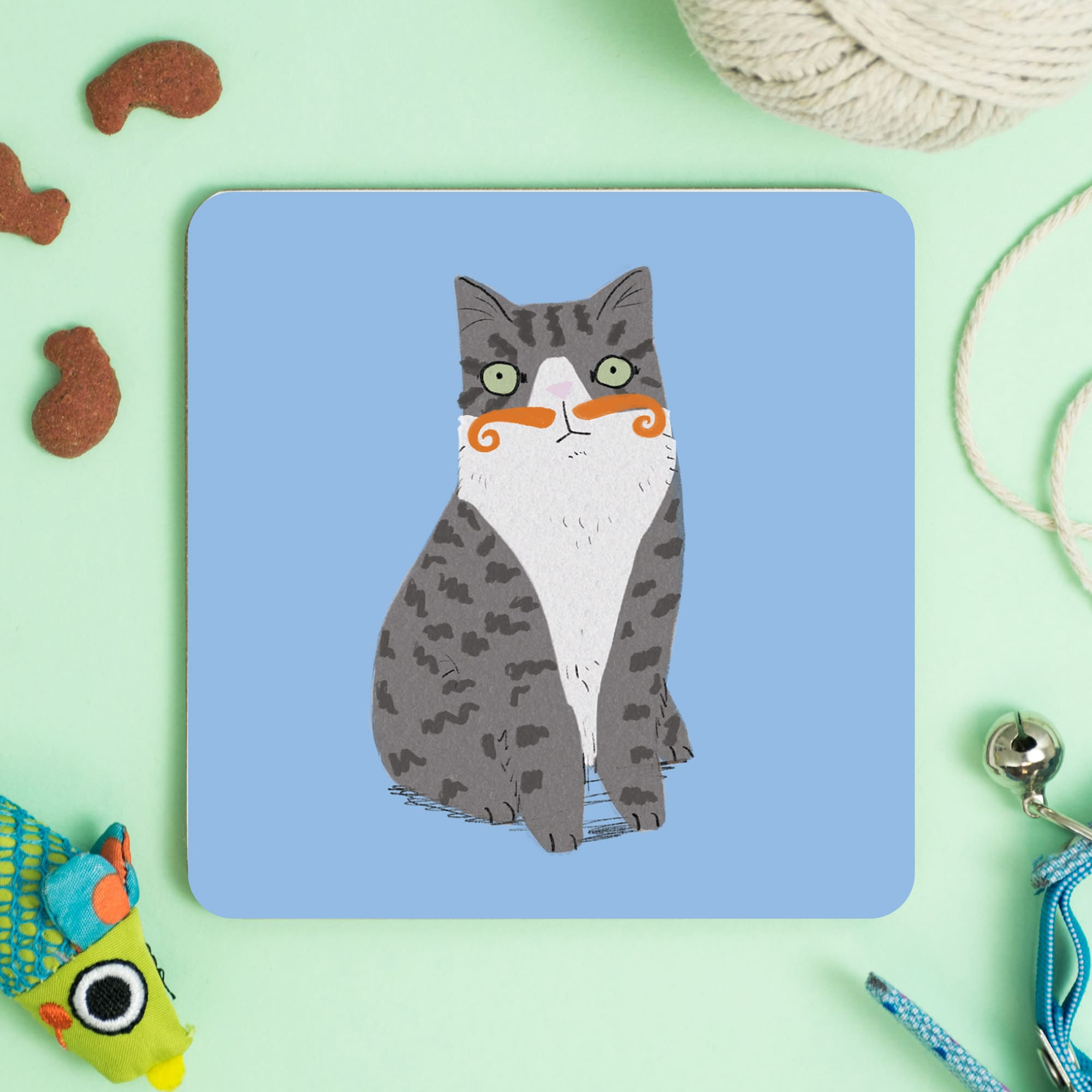 Meowstachio Cat Tabby & White - Ginger Tash Coaster - Jo Clark Design