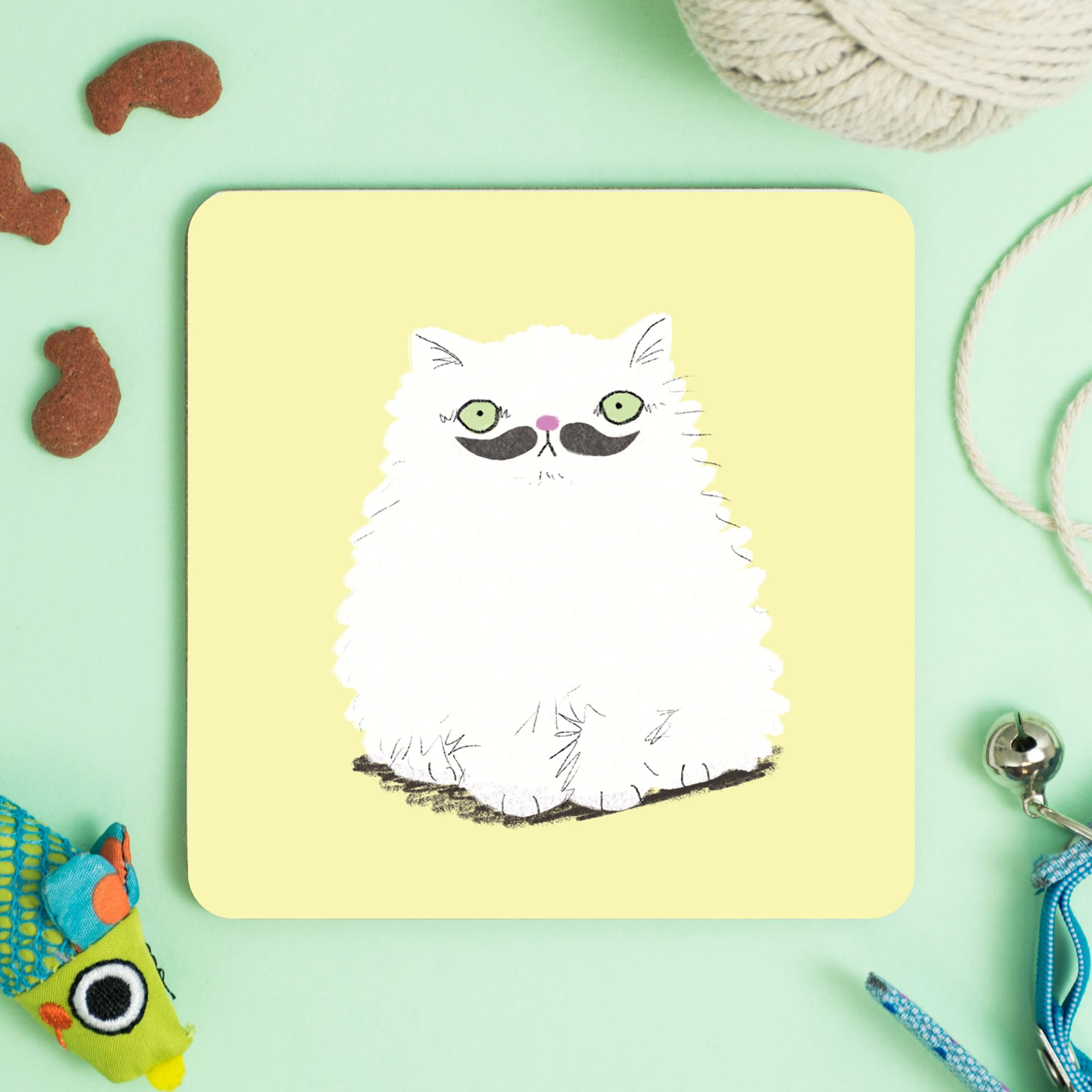 Meowstachio Cat White Fluffy - Black Tash Coaster - Jo Clark Design