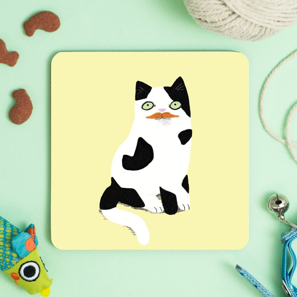 Meowstachio Cat Black & White - Ginger Tash Coaster - Jo Clark Design